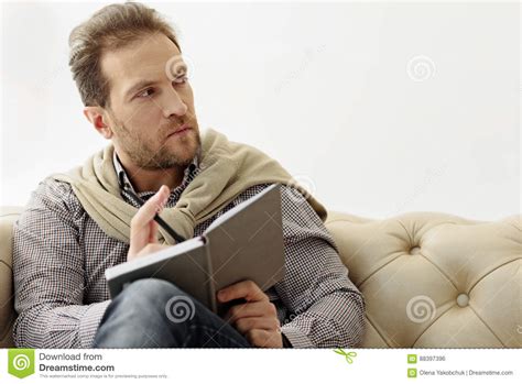 Serious Guy Writing Ideas Into Notepad Stock Photo Image Of Businessman Look 88397396