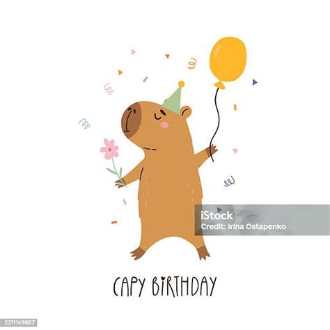 파티 모자 꽃 풍선 및 레터링에 Capybara와 귀여운 생일 인사말 카드 Capy Birthday 손으로 그린 만화 스타일 어린이 생일 카드 파티 초대장 포스터 인쇄물에