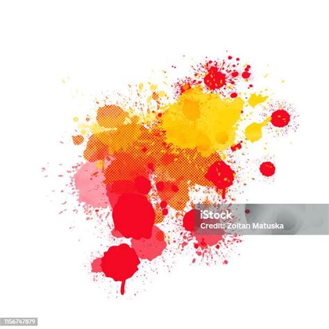 흰색 아트 스플래터 배경 템플릿에 격리 된 빨간색 노란색 잉크 시작 효과 임의의 모양 비대칭 디자인 요소 0명에 대한 스톡 사진