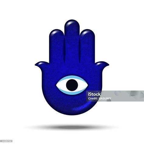 하얀 배경 영적 보호 상징 신비한 부적 난해한 매력 에너지 방패 신성한 예술적 벡터 일러스트 레이 션에 고립 된 푸른 악 눈 푸른 유리와 Hamsa 손 3d 부적 3차원