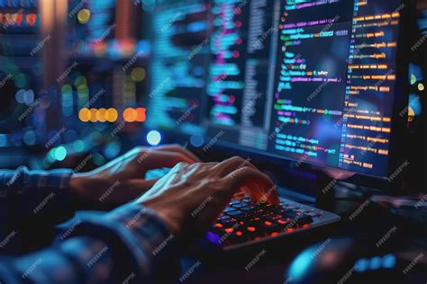 Programmers Hands On Keyboard Writing Source Code Screen Showing Code Premium Ai Generated Image