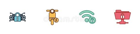 Set Cyber Security Electric Scooter Wifi Locked And Ftp Folder And Icon Vector Stock Vector