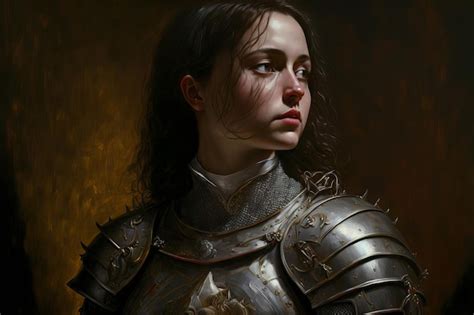 짙은 갈색 배경을 바라보며 중세 갑옷을 입은 잔다르크의 생성 Ai 삽화 프리미엄 사진