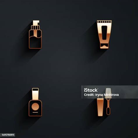 액체 비누 한 병 크림 또는 로션 화장품 튜브 매니큐어 및 마스카라 브러시 아이콘을 긴 그림자로 설정합니다 벡터 건강한 생활방식에 대한 스톡 벡터 아트 및 기타 이미지