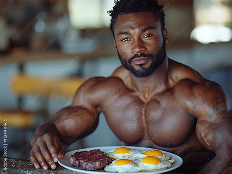 Muscular Bodybuilder Devouring High Protein Breakfast At Diner Fueling