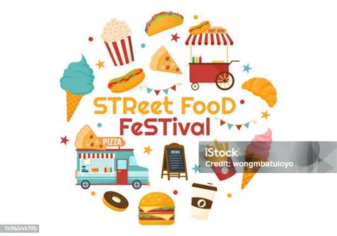 길거리 음식 축제 이벤트 벡터 일러스트레이션 여름에 사람과 푸드 트럭이 있는 플랫 만화 손으로 그린 템플릿의 야외 도시 공원 거리에 대한 스톡 벡터 아트 및 기타 이미지