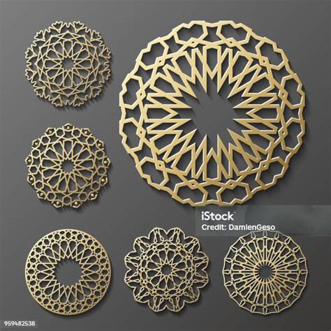 이슬람 장식 벡터 페르시아어 장식입니다 3d 라마단 라운드 패턴 요소 기하학적 로고 템플릿 집합입니다 원형 장식 아랍어 기호 패턴에 대한 스톡 벡터 아트 및 기타 이미지