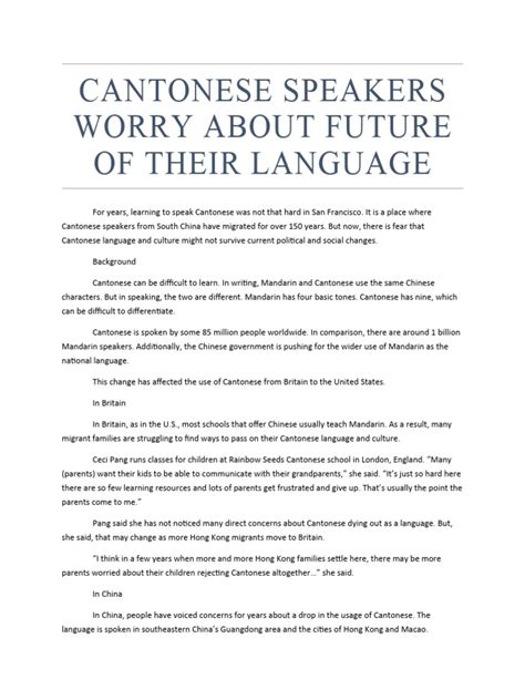 Cantonese Speakers Worry About Future Of Their Language Pdf