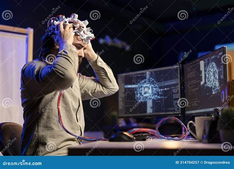 Computer Scientist Puts Eeg Headset On Starting Mind Upload Process Stock Image Image Of