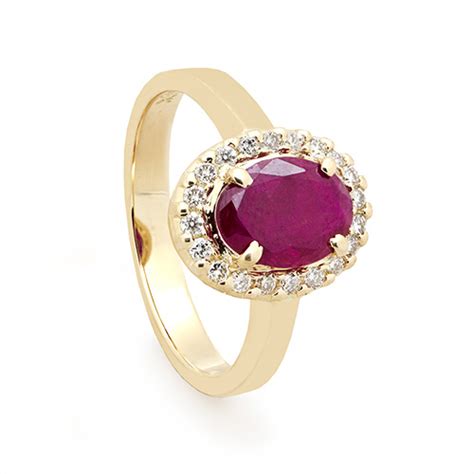 Zaveris 18 Carat Yellow Gold Oval Cut Ruby And Halo Diamond Ring Zaveris