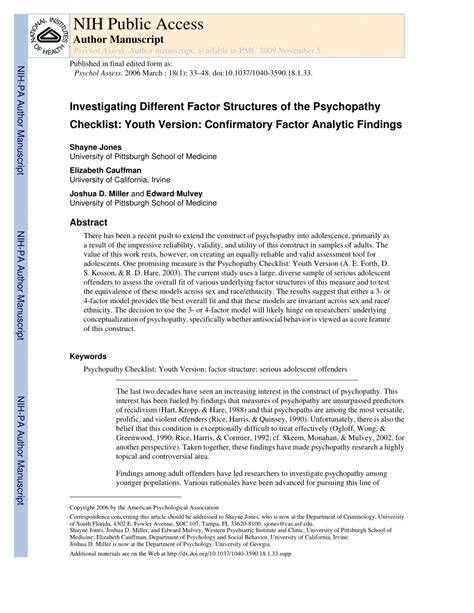 Pdf Investigating Different Factor Structures Of The Psychopathy