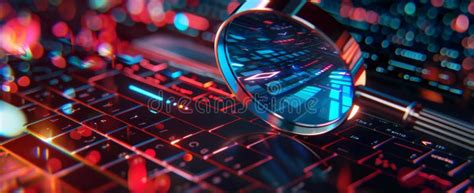 Close Up View Of A Magnifying Glass Over A Glowing Laptop Keyboard Symbolizing Digital