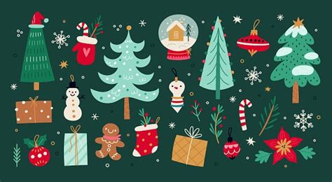 장난감과 함께 만화 크리스마스 트리 아름다운 유리 보블 눈사람과 진저 브레드 사람 침엽수 림 식물 스노우 글로브와 선물 상자 크리스마스 양말 휴일 재미있는 물건 화려한 벡터