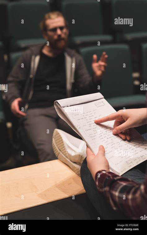 Female Actress Discussing Script With Male Actor On Stage Stock Photo Alamy