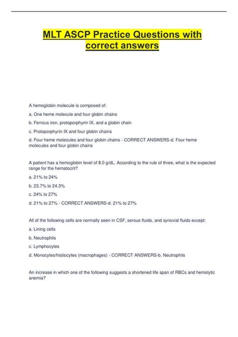Mlt Ascp Practice Questions With Correct Answers Bcpp Stuvia Us