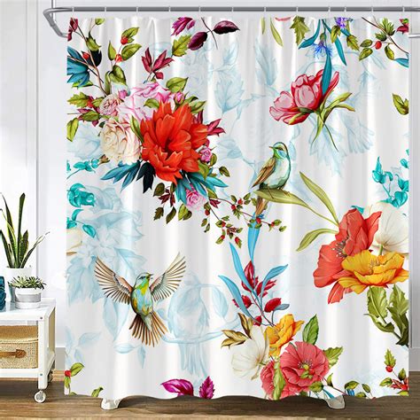 Badu Bg Цветя Завеси за душ Птица Колибри с естествени розови цветя Декор за баня Полиестерна