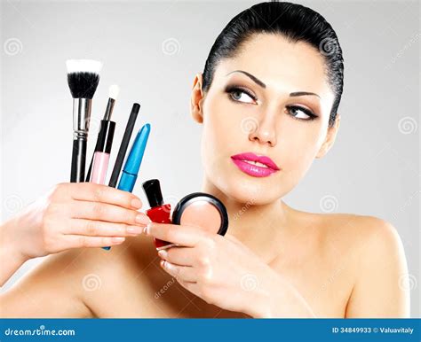 Beautiful Woman With Makeup Brushes Stock Image Image Of Glamour