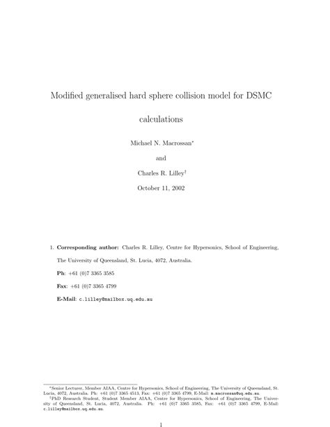 PDF Modified Generalised Hard Sphere Collision Model For Direct Simulation Monte Carlo