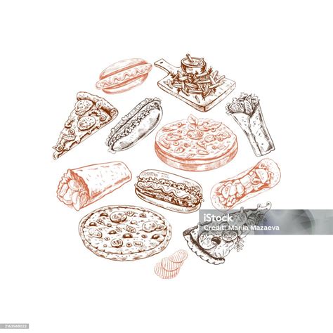 길거리 음식 테이크아웃 음식 패스트 푸드 정크 푸드의 손으로 그린 흑백 스케치 햄버거 칩 피자 핫도그 부리 토 타코 세트 메뉴에 좋습니다 0명에 대한 스톡 벡터 아트 및