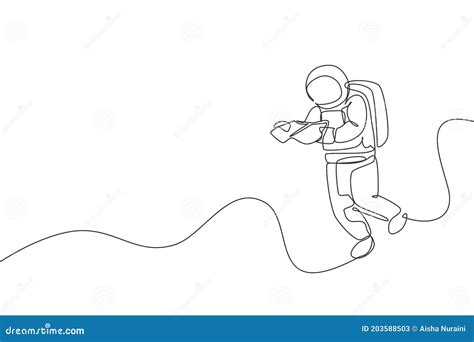 Single Continuous Line Drawing Of Floating Science Astronaut In Spacewalk Reading Space Map