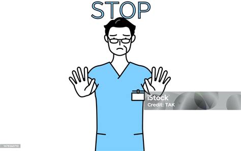 중년 수석 남자 간호사 물리 치료사 작업 치료사 언어 치료사 제복을 입은 간호 조수가 몸 앞에 손을 내밀고 정지를 알립니다 건강관리와 의술에 대한 스톡 벡터 아트 및 기타
