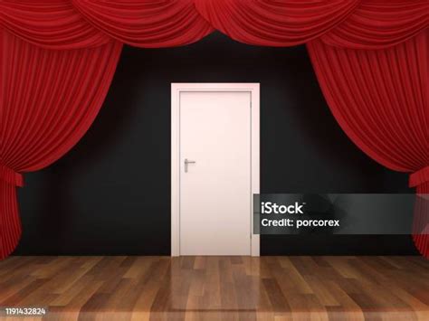 나무 바닥에 빨간 무대 커튼 폐쇄 문 3d 렌더링 무대 뒤에 대한 스톡 사진 및 기타 이미지 무대 뒤 복도 0명 Istock
