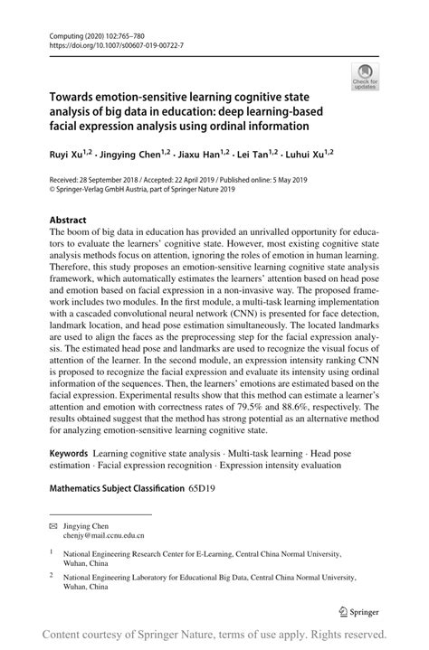 Towards Emotion Sensitive Learning Cognitive State Analysis Of Big Data In Education Deep