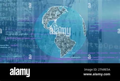 Animation Of Lines On Globe With Computer Language Over Binary Codes On Data Server Racks