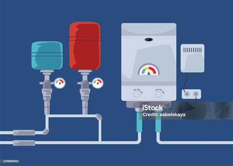 흰색 보일러 펌프 팽창 탱크 및 파이프 벡터 일러스트 레이 션 집 전기 난방 아쿠아 장비 난방 시스템 물 펌프에 대한 스톡 벡터