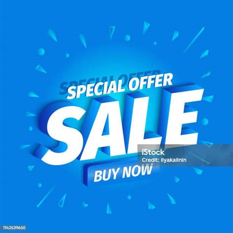 특별 할인 판매 지금 구입 하십시오 파란색 배경에 3d 문자입니다 광고 프로 모션 포스터입니다 특별 제공 버튼으로 슬로건 구매에
