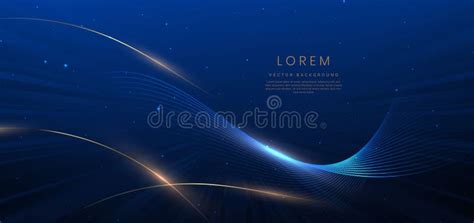 Abstract Elegant Dark Blue Background With Golden Curved Lines And Lighting Effect Sparkle Stock