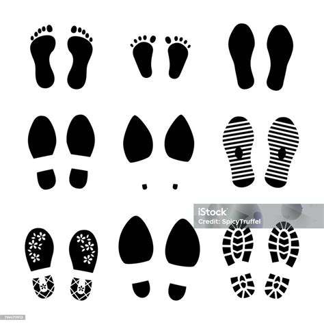 발자국 신발 및 다리 인간의 단계 아기 아이와 성장 남자 발자국 사람들 재미 단계는 기호를 인쇄 합니다 벡터 풋프린트 세트 발자국에 대한 스톡 벡터 아트 및 기타 이미지