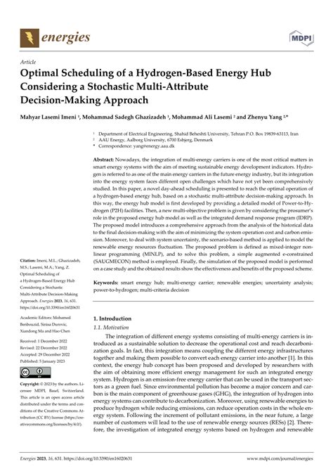 Pdf Optimal Scheduling Of A Hydrogen Based Energy Hub Considering A