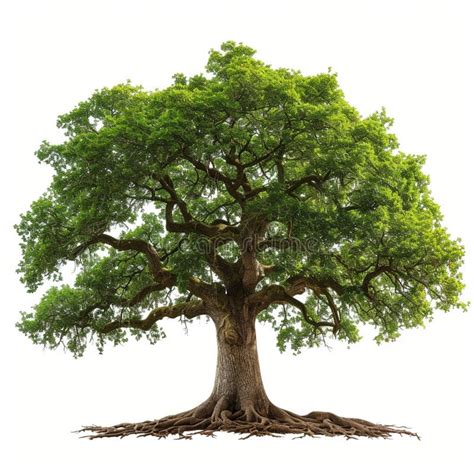 Large Green Tree With Exposed Roots Isolated On White Background Stock