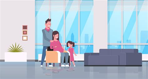 임신 한 여자와 남편과 딸 행복 한 가족 집에서 소녀 감동 어머니 배꼽 임신과 어머니 개념 거실 인테리어 전체 길이 수평 가족에 대한 스톡 벡터 아트 및 기타 이미지