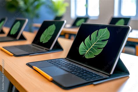 Minimal Classroom Layout With Tablets And Laptops On Desks Showing A Clean Simple Depiction Of