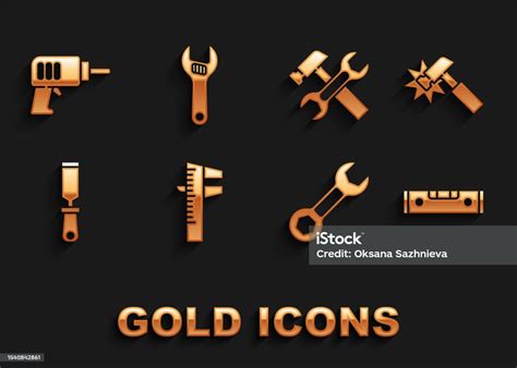 캘리퍼 또는 캘리퍼 및 스케일 해머 건설 버블 레벨 렌치 스패너 Rasp 금속 파일 렌치 전기 드릴 머신 및 조정 가능한 아이콘을 설정합니다 벡터 갈고리 발톱에 대한 스톡