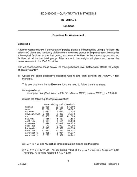 Tutorial 6 Solution 1 Econ20003 Quantitative Methods 2 Tutorial 6