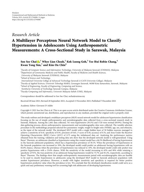 Pdf A Multilayer Perceptron Neural Network Model To Classify Hypertension In Adolescents Using