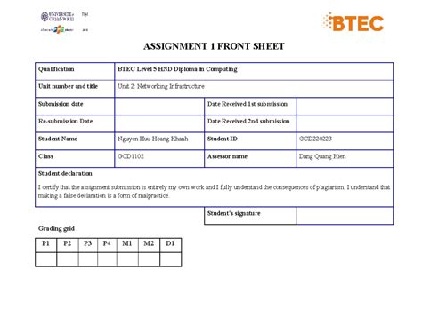 1 Unit2 Asm1 Nguyen Huu Hoang Khanh Assignment 1 Front Sheet Qualification Btec Level 5 Hnd