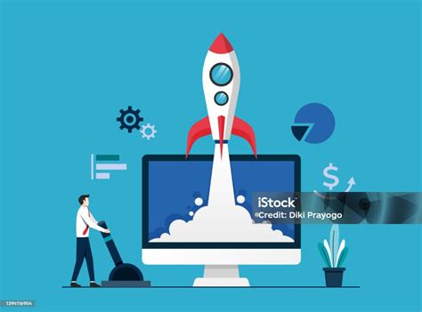 사업가가 로켓을 발사합니다 로켓 기호로 제품을 출시하는 비즈니스 스타트업 컨셉 벡터 일러스트 레이 션 시작 개념에 대한 스톡