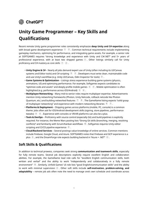 Unity Game Programmer Key Skills And Qualifications Pdf Unity Game Engine C Sharp