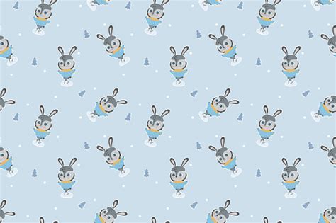 얼음과 크리스마스 트리에 스케이트를 타는 작은 만화 토끼의 유치한 매끄러운 패턴과 밝은 파란색 배경의 스티커와 같은 흰색 윤곽선 좋은 토끼 귀여운 토끼 벡터 겨울에 대한