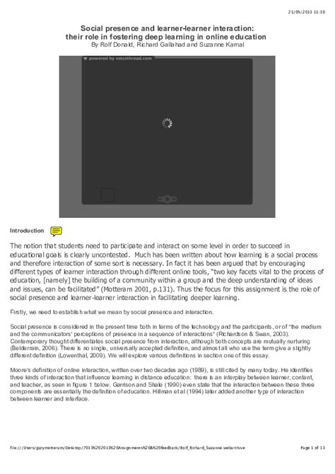 Pdf Social Presence And Learner Learner Interaction Their Role In Fostering Deep Learning In