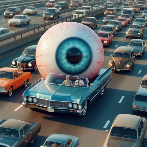 Large Floating Eye Driving A 1970s Convertible While Stuck In Heavy