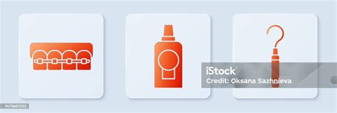 구강 세정제 플라스틱 병 교정기가있는 치아 및 치아 용 치과 탐색기 스케일러를 설정하십시오 흰색 사각형 버튼 벡터 가글에 대한 스톡 벡터 아트 및 기타 이미지 Istock