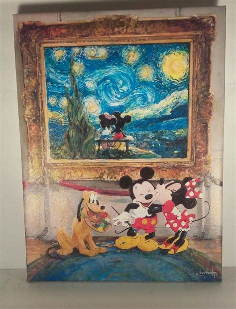 Mickey And Minnie Mouse In Van Goghs A Starry Night On Canvas 12x16