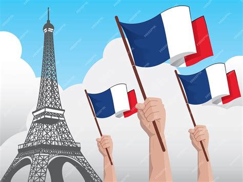 Флаг франции рука держит флаг и фон эйфелевой башни Премиум векторы