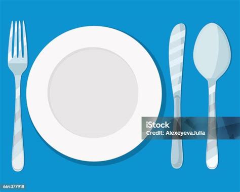 플레이트 칼 숟가락 및 포크 아이콘 파란색 배경에 고립 평면 스타일에서 벡터 일러스트 레이 션 강철에 대한 스톡 벡터 아트 및 기타 이미지 Istock