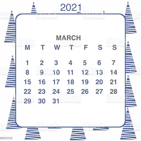 디자인 달력 2021 년 유행 장식 스타일 문구 플래너 템플릿입니다 벡터 그림입니다 주 월요일에 시작됩니다 12 개월 세트 블루와 화이트 색상으로 제작 0명에 대한 스톡